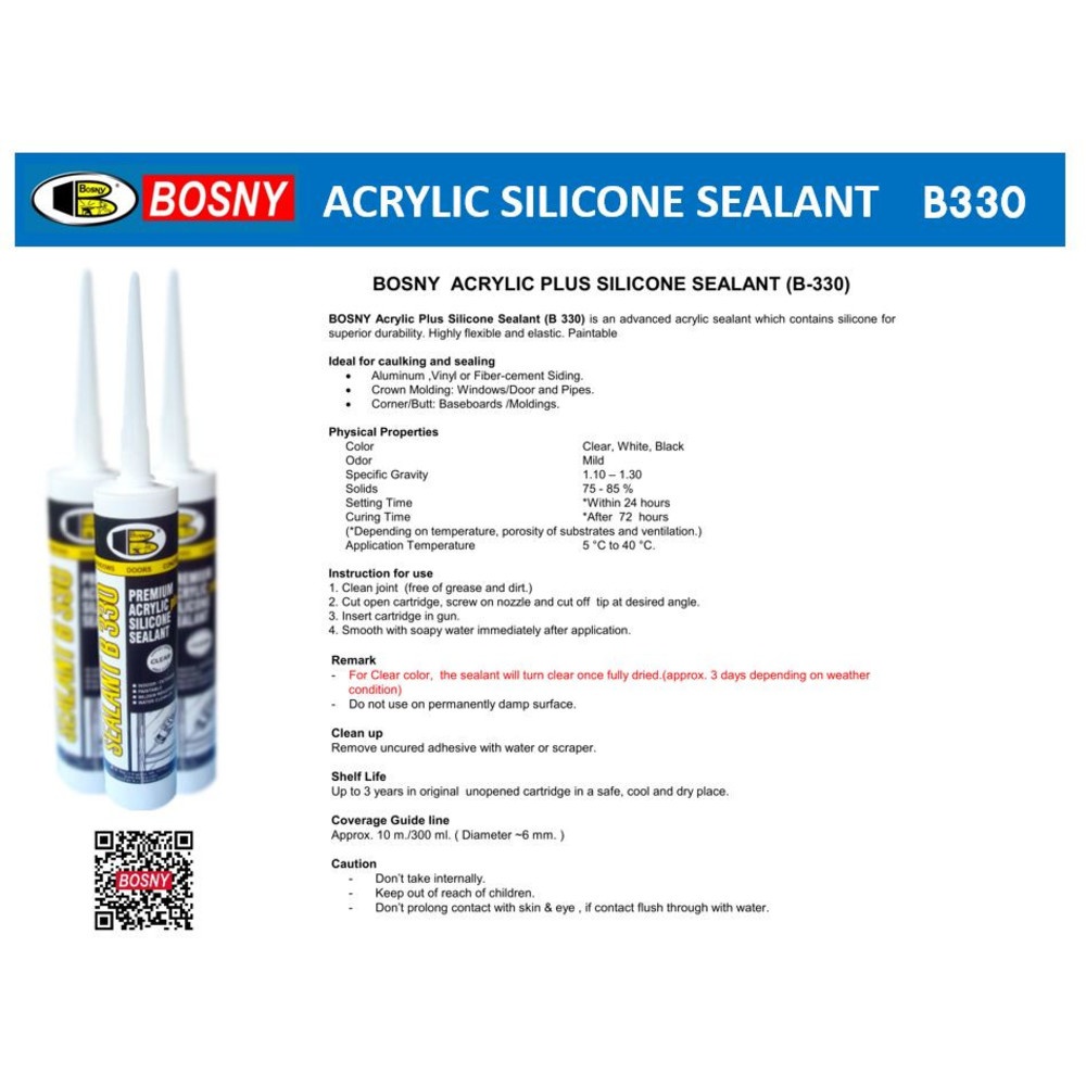 BOSNY อะครีลิค ซิลิโคนซิลแลนท์ B330 300 มล. สีขาวมัน |GlobalHouse
